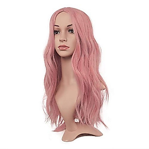 FESHFEN Long Pink Wigs for Women 22 inch Curly Wavy Full Wig Middle Parting Wigs Natural Looking Synthetic Wig Extensions for Daily Cosplay