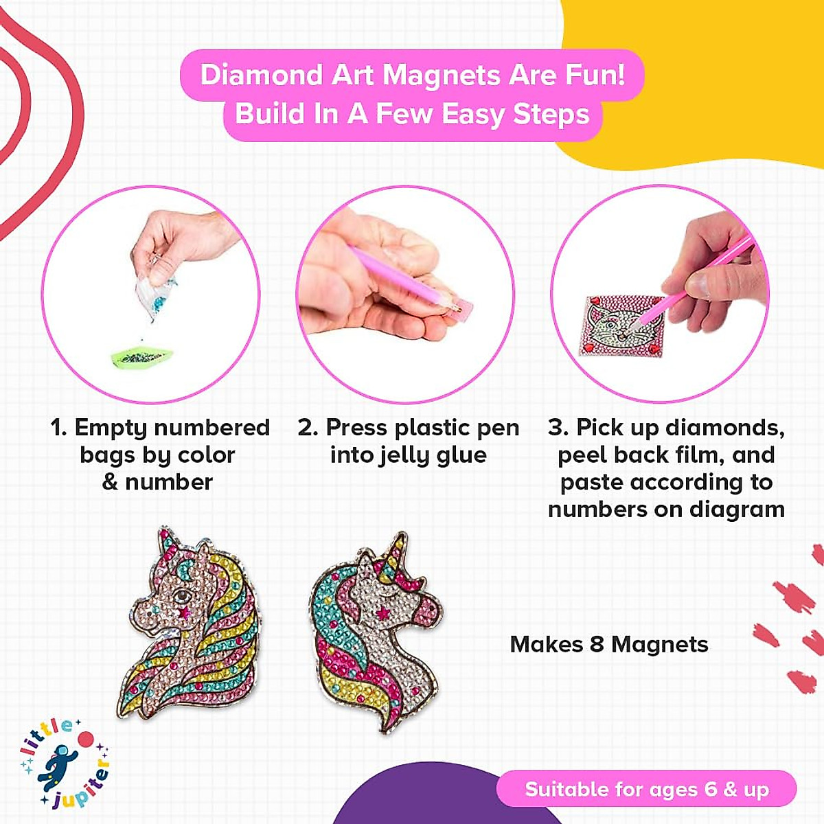 Little Jupiter Unicorns and Rainbows Diamond Art Magnets Set - 8pcs - Diamond Art for Kids - Diamond Art Kits for Kids w/Diamond Art Stickers - Diamond Art Kits - Kids Diamond Art Kits