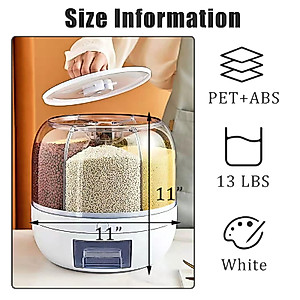 Rotating Grain Dry Food Dispenser Countertop - 6 Grids Cereal Tank for Lentils, Rice, Beans - Transparent Kitchen Pantry Storage Container, 360° Rotatable Design, Max 22 lbs Capacity, White - PET+PP