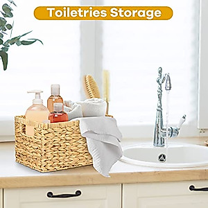 HEPFLANZE 4 Pack Water Hyacinth Storage Basket 13"L x 8-¼"W x 7"H Wicker Bins Seagrass Woven Organizer Cube for Shelves Rectangular Container, Natural Color