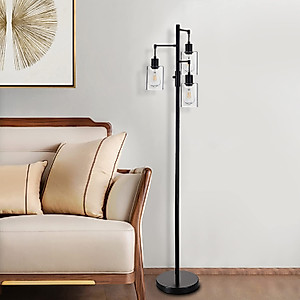 Liylan Dimmable Floor Lamp, Industrial Floor Lamp for Living Room Bedroom, Black 3 Lights Tree Standing Lamp, with On/Off Switch, Clear Glass Shade