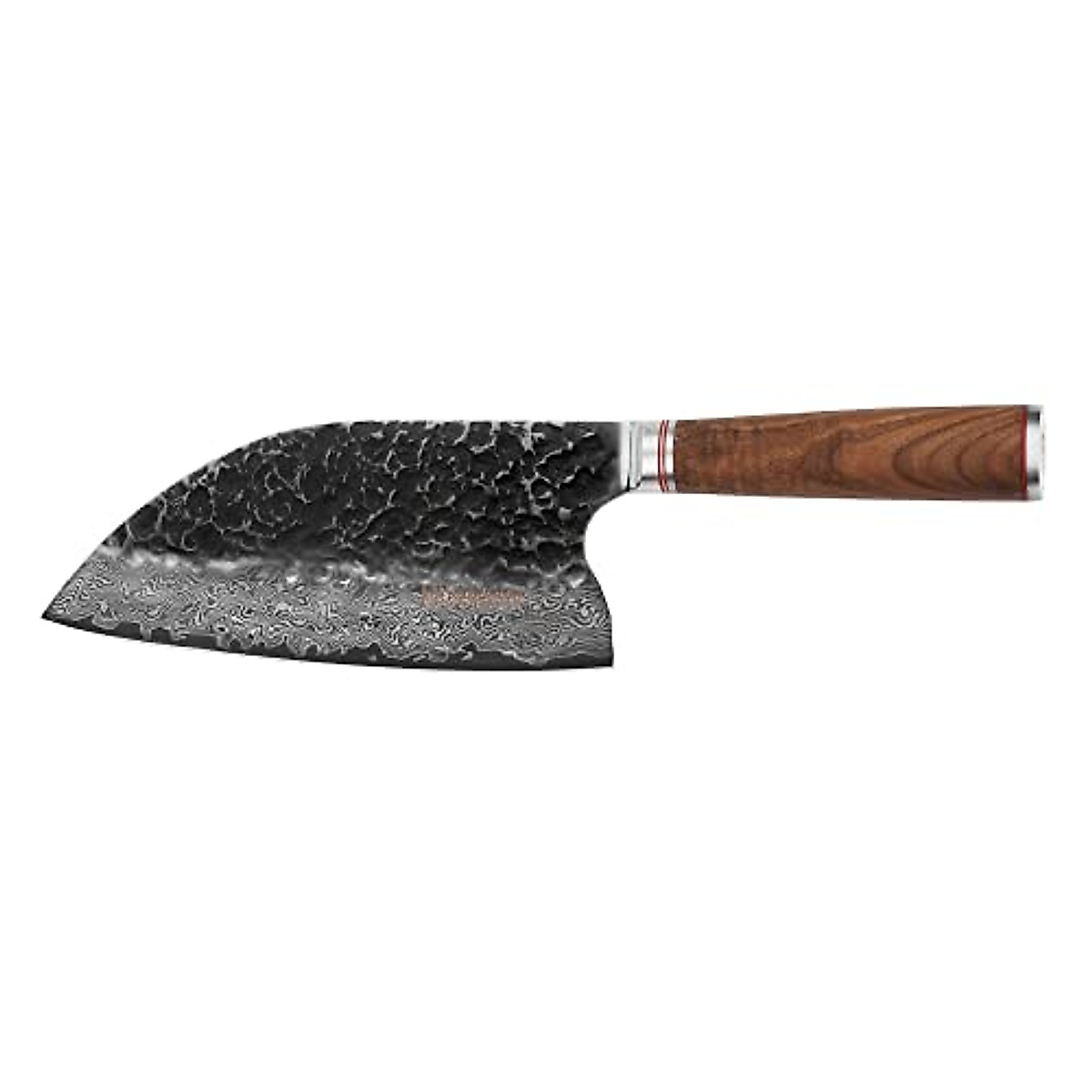 YOUSUNLONG Hybrid Cleaver Outdoor Heavy Duty Meat Cleaver 8 Inch Hammered Damascus Natural Walnut Wood Sheath with Leather
