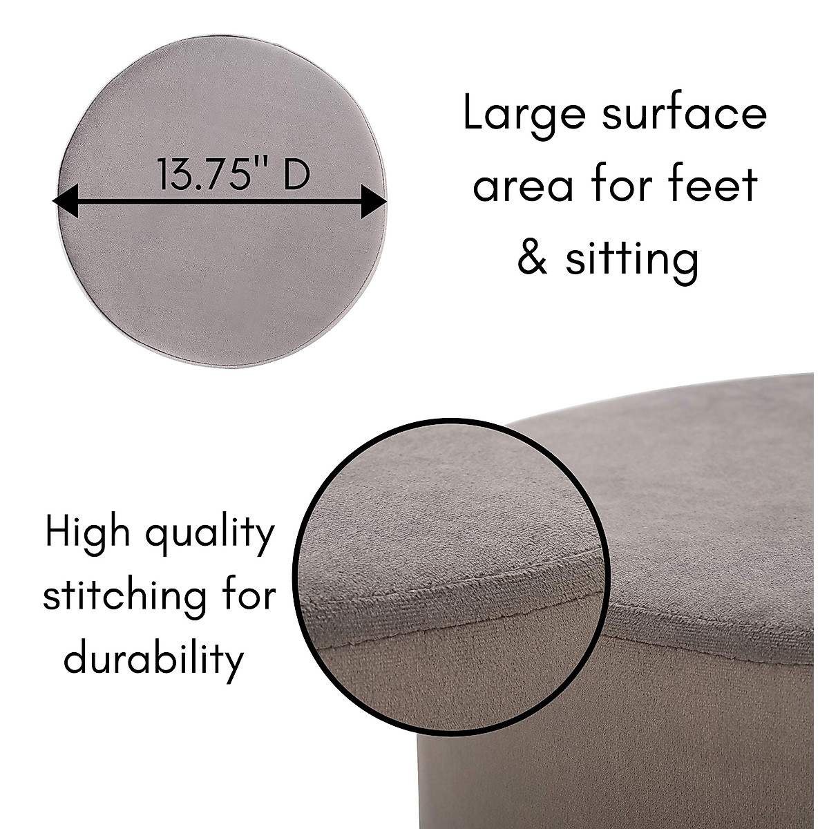 BIRDROCK HOME Round Grey Velvet Ottoman Foot Stool – Soft Compact Padded Vanity Stool - Great for The Living Room, Bedroom and Kids Room - Small Furniture (Grey)