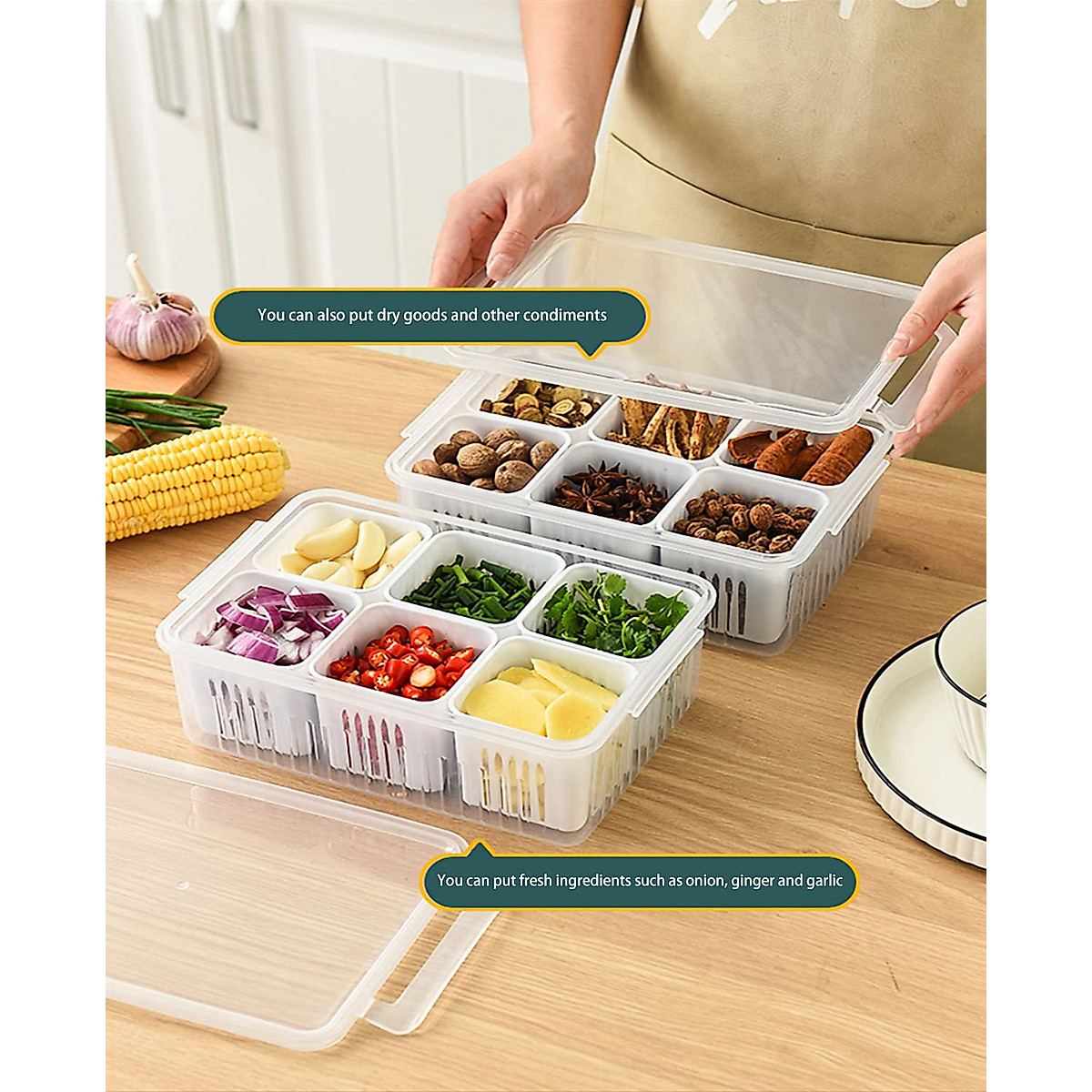 Bhtqdnq Food Storage Containers with Lids Airtight, Fridge Fresh-Keeping Container with 6 detachable small boxes, Portable Divided Fruit Storage Container Onion Ginger Garlic Cherry Storage (6 boxes)
