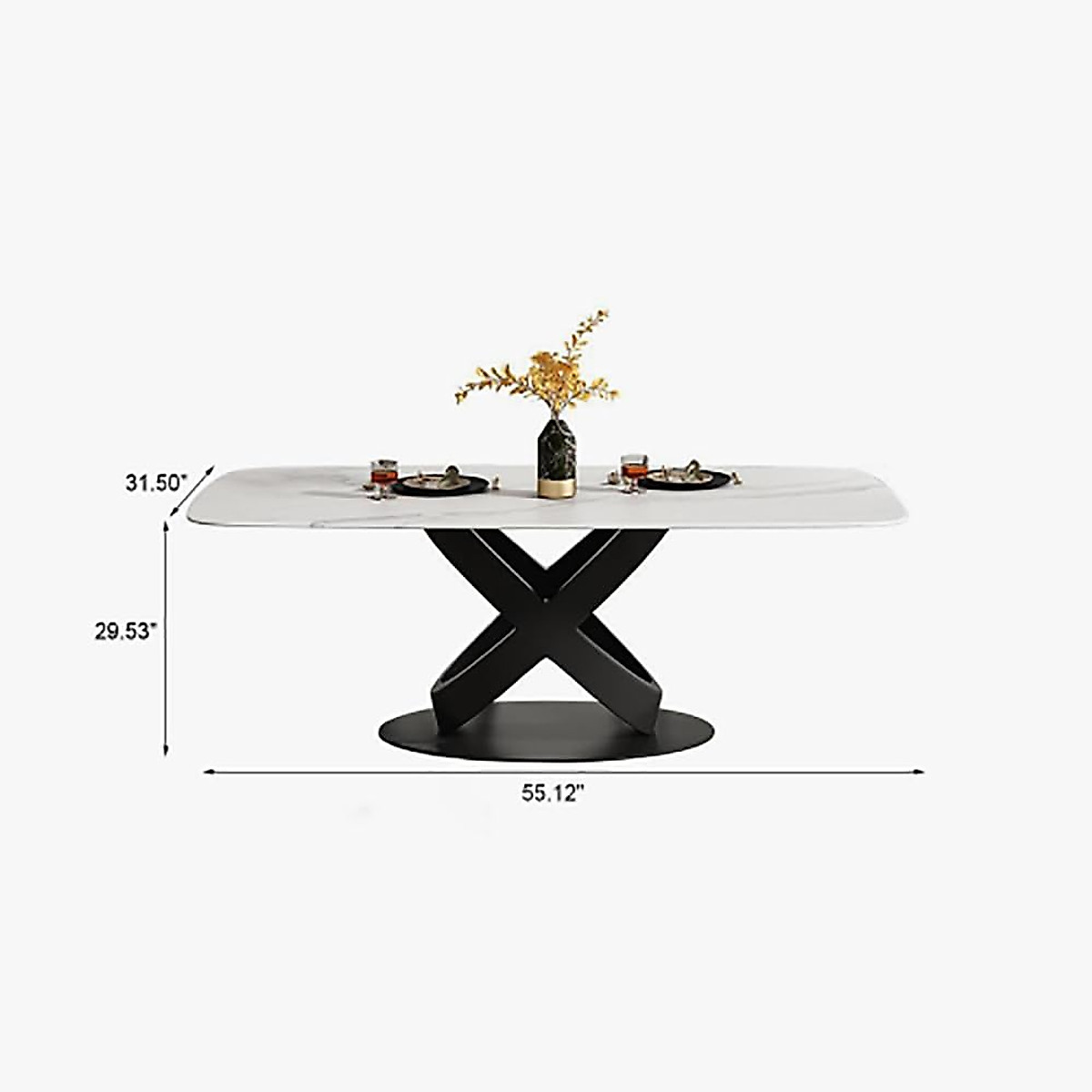Jinsi Nan] Modern Sintered Stone Dining Table with X-Shaped Carbon Steel Base, Rectangular Dining Table for Kitchen Dining Room, Living Room, Restaurant, Black White (55 inches)