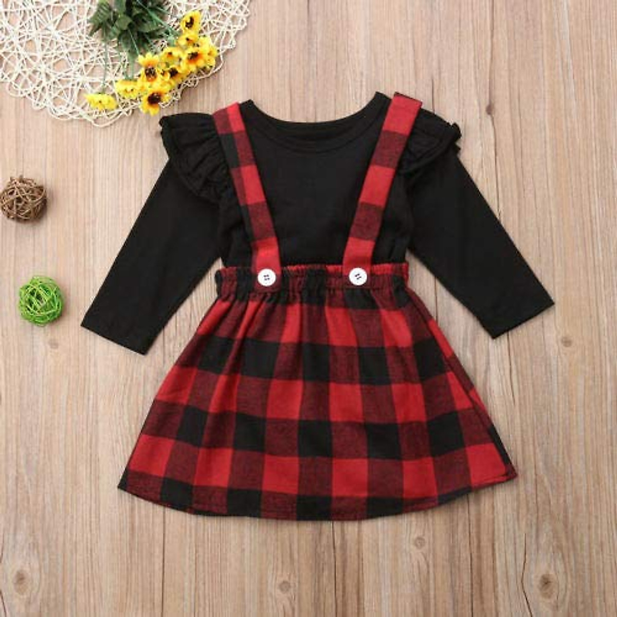 Mubineo Toddler Baby Girl Infant Plain T Shirts Plaid Overall Skirt Set Cotton Outfits (Black+Red, 6 Years)