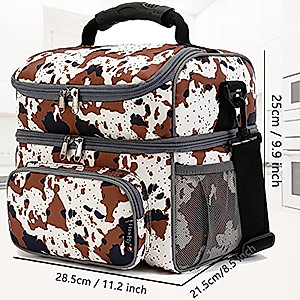 FlowFly Double Layer Cooler Insulated Lunch Bag Adult Lunch Box Large Tote Bag for Men, Women, With Adjustable Strap,Front Pocket and Dual Large Mesh Side Pockets,Cow