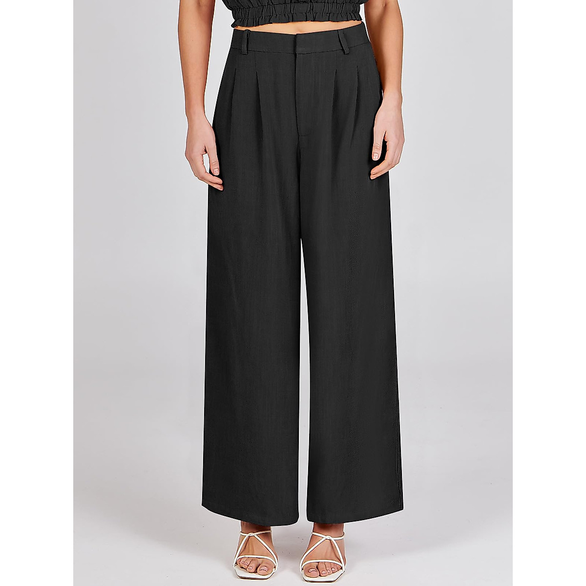 Caracilia Womens Summer Linen Palazzo Pants Wide Leg High Waist Business Casual Work Lightweight Trousers Loose Pleated Elastic Waist Dressy Pants 2024 Black Fashion Outfits with Pocket C118A3-heise-L