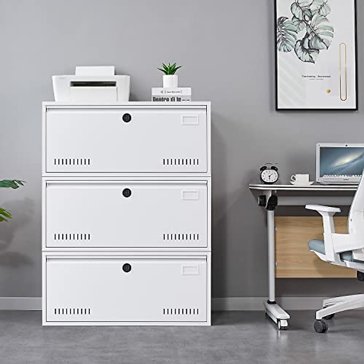 kingwolfox Lateral File Cabinet with Smart Lock, Large Lateral Filing Cabinet for Home Office, Metal Safe File Cabinet, Lockable Storage File Cabinet for Legal/Letter A4/F4 Size Files(White 1 Piece)