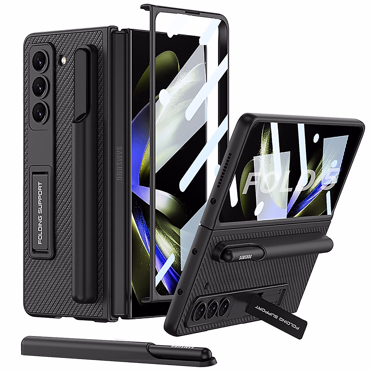 MistWorld for Samsung Galaxy Z Fold 5 Leather Case with s Pen Holder, Stand, Front Cover Integrated Protective Film ，Ultra-Thin Drop-Proof Galaxy Z5 Fold Phone Cover Carbon Fiber Print