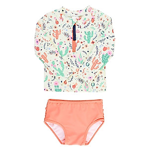 RuffleButts® Baby/Toddler Girls Desert Blossoms Long Sleeve Zipper Rash Guard Bikini - 18-24m