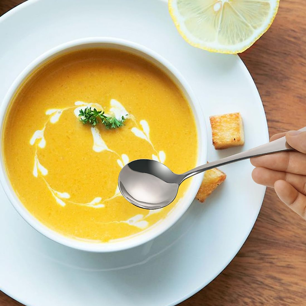 Foamia Soup Spoons, 12-Pack Stainless Steel Spoons Silverware Round Cereal Spoon Dinner Spoons Tablespoons Set for Bouillon Dessert Ice Cream Kitchen Cooking Flatware