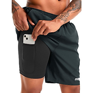 Souke Sports Men's Workout Running Shorts Quick Dry Athletic Performance Shorts Black Liner Zip Pockets