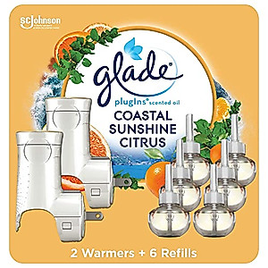 Glade PlugIns Refills Air Freshener Starter Kit, Scented and Essential Oils for Home and Bathroom, Coastal Sunshine Citrus, 4.02 Fl Oz, 2 Warmers + 6 Refills