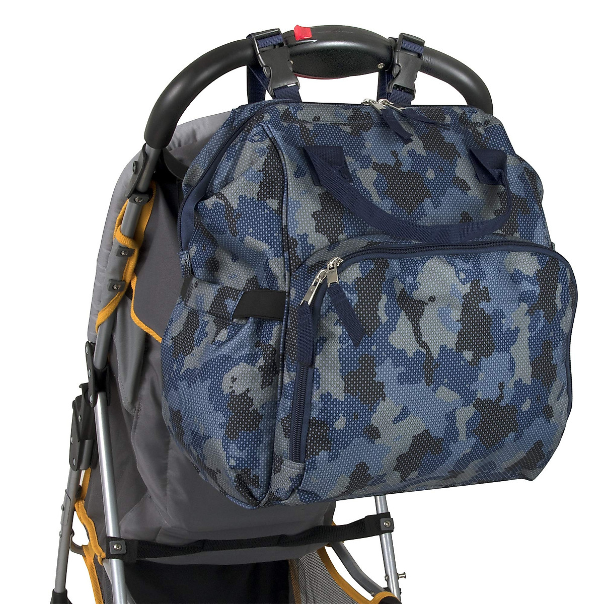 Wide Open Frame Diaper Bag Backpack and Nappy Travel Bag Tote with Changing Pad, Stroller Straps (Blue Camo)