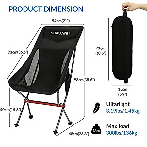 SHALLWE Ultralight High Back Folding Camping Chair, Upgraded All Aluminum Structure, Built-in Pillow, Side Pocket & Carry Bag, Compact & Heavy Duty for Outdoor Backpacking(Pitch-Dark)