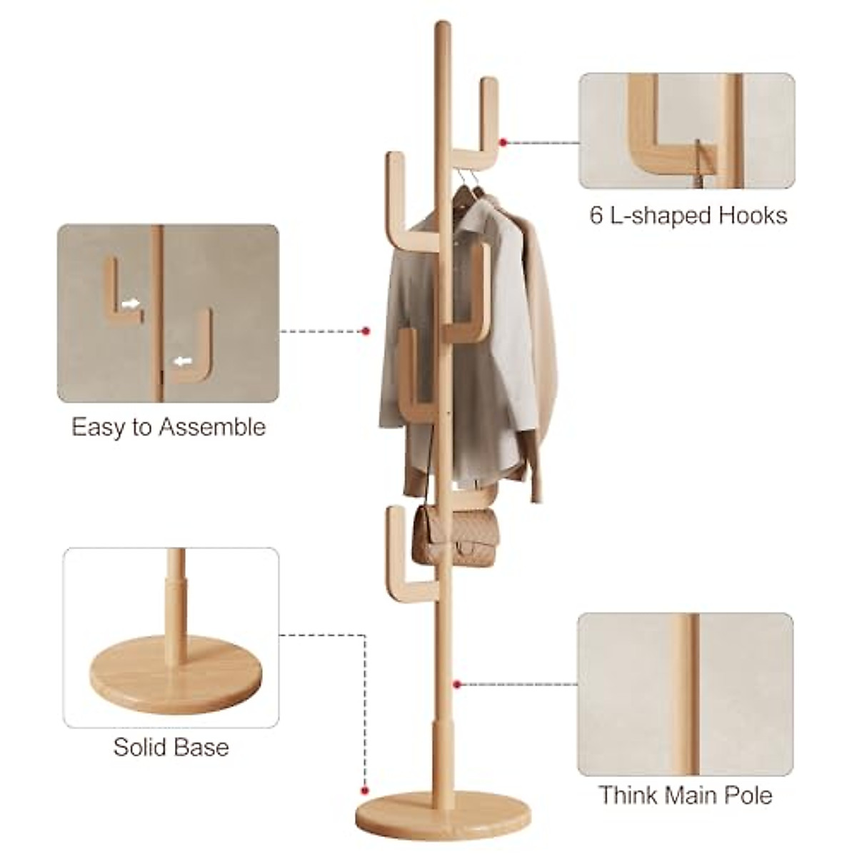 KungFuWood Coat Rack, Solid Wood Cactus Coat Rack Stand, Freestanding Coat Rack with 6 L-shaped Hooks and 3 Adjustable Sizes, Sturdy and Easy to Assemble Coat Tree for Entryway, Bedroom (Natural)