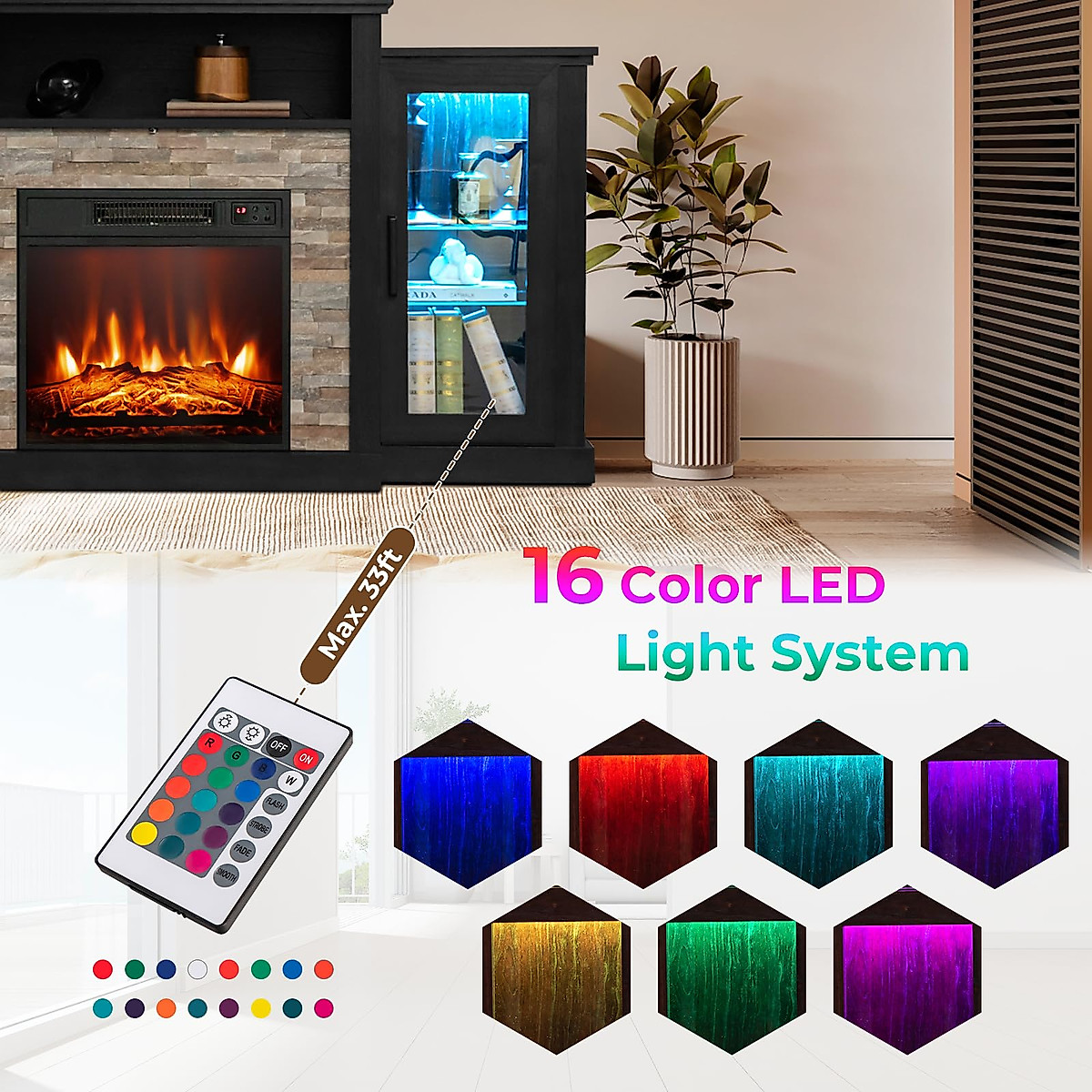 COSTWAY Electric Fireplace TV Stand for TVs Up to 65 Inches, 18-inch Fireplace Insert with APP Control, Remote Control, 16 Color Lights, Wooden Entertainment Center with Adjustable Shelves, Black