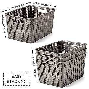 EZOWare 3 Pack X-Large Gray Woven Plastic Storage Baskets, Organizer Knit Basket Bin Boxes with Handle - 16.5x11.4x8.7 inch