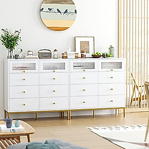 finetones White Dresser, 8 Drawer Dresser White and Gold Dresser with Fluted Glass Door and Gold Metal Legs, Modern Dresser Gold Dresser Wood Storage Chest of Drawers for Home
