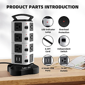 Surge Protector Power Strip Tower with Night Light, Lazy Elf Extension Cord 8 AC Multi Smart Plug Outlets with 4 USB Ports, Flat Plug Outlet (White)