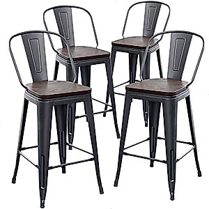 Aklaus Metal Bar Stools Set of 4,26 inch Barstools Counter Height Bar Stools with Backs Farmhouse Bar Stools with Larger seat High Back Kitchen Dining Chairs Modern Bar Chairs Matte Black Stool