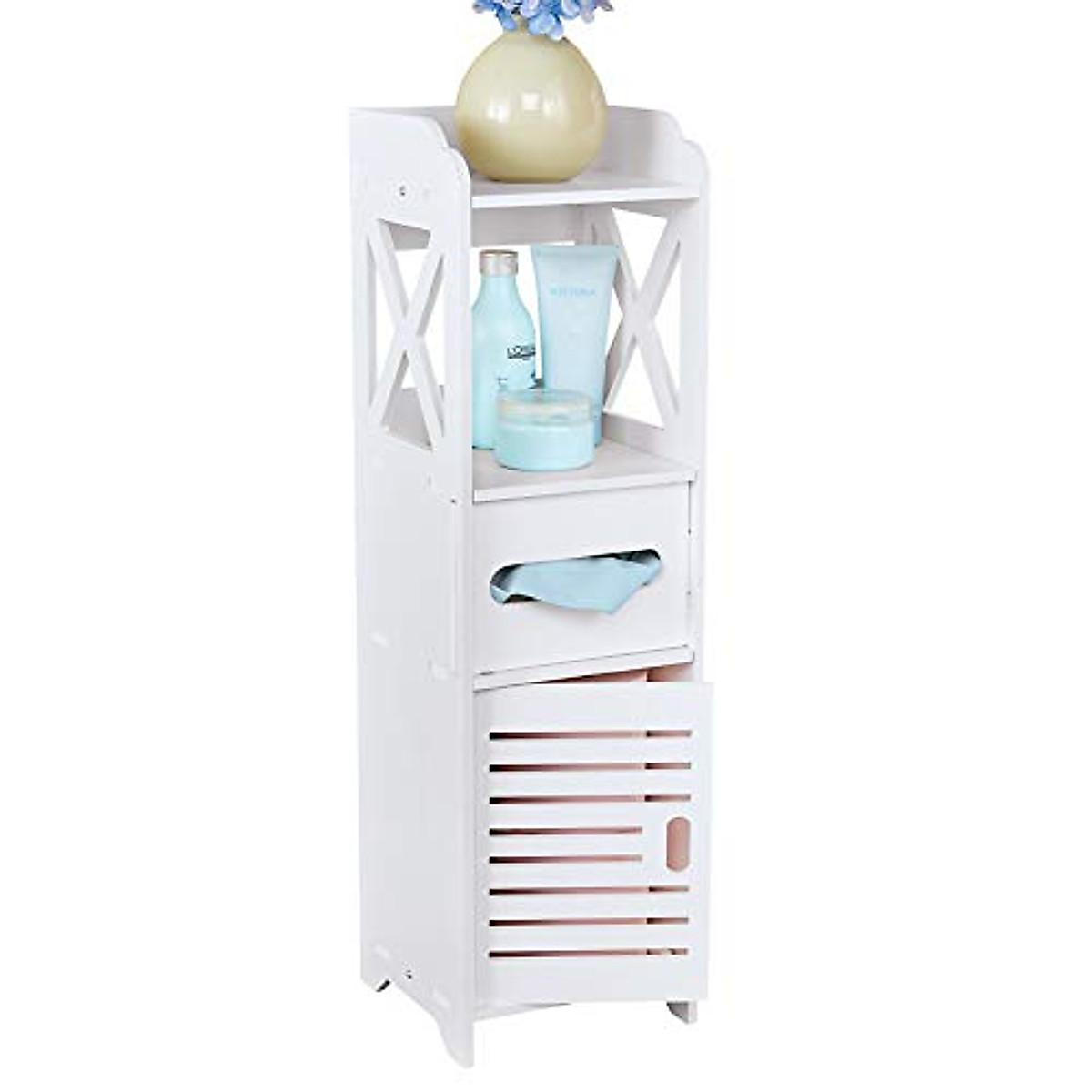 Collections Etc White Bathroom Supplies Storage Tower with Tissue Holder - Multifunctional Shelving Unit, Freestanding Shelf Rack & Drawer Cabinet Organizer - 2.29 Ft Tall