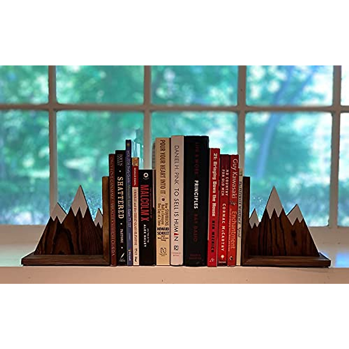 IT'S HAPPY TIME Mountain Wooden Bookends - Nonslip, Heavy Duty and Rustic Decor for Home and Office Shelves