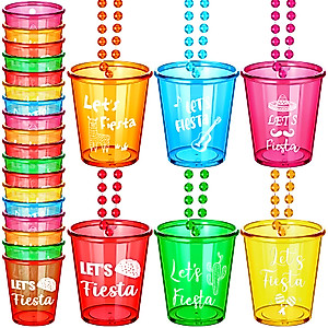 12 Packs Let's Fiesta Shot Glass Necklaces Bead Cinco De Mayo Necklace Plastic Shot Glasses Party Necklaces Mexican Shot Necklace Cup for Bachelorette Party Favors Fiesta Party Supplies, Multi Color