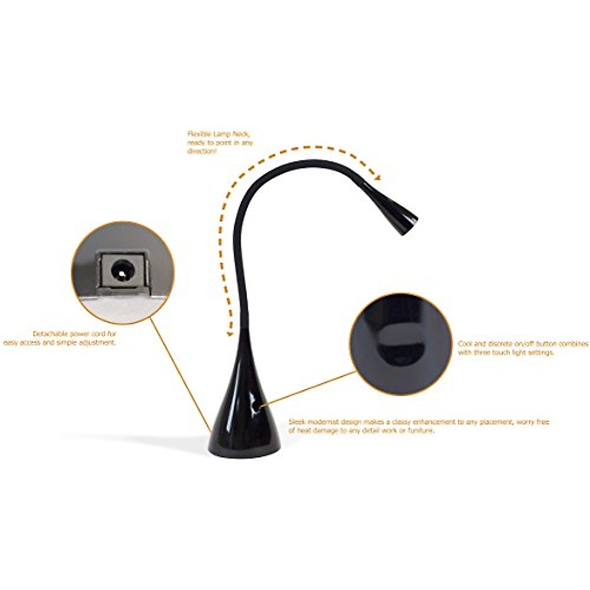 Newhouse Lighting Black Flexible Touch Sensor Switch Energy-Efficient LED Goose Neck Desk Lamp in 3000K Warm White Color Temperature with USB 2.1A Charging Port​​