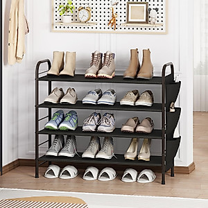SUOERNUO Shoe Rack Storage Organizer 4 Tier Free Standing Metal Shoe Shelf Compact Shoe Organizer with Side Bag for Entryway Closet Bedroom,Bronze