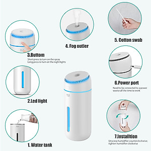 HOFULK Small Humidifiers for Bedroom Nightstand Room 400ML USB Humidifer Plant Cool Mist Humidifier Easy Clean Travel Mini Portable Personal Desk Car Quiet Auto Shut-off Air Humidifier with Led Lights