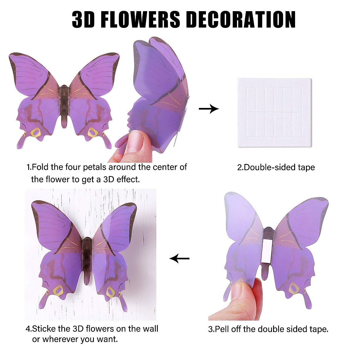 48 PCS Removable 3D Butterfly Wall Stickers Decals DIY Wall Art Decor Home Wall Decoration Sticker Mural for Kids Girls Children Bedroom Living Room Background Nursery (Purple)
