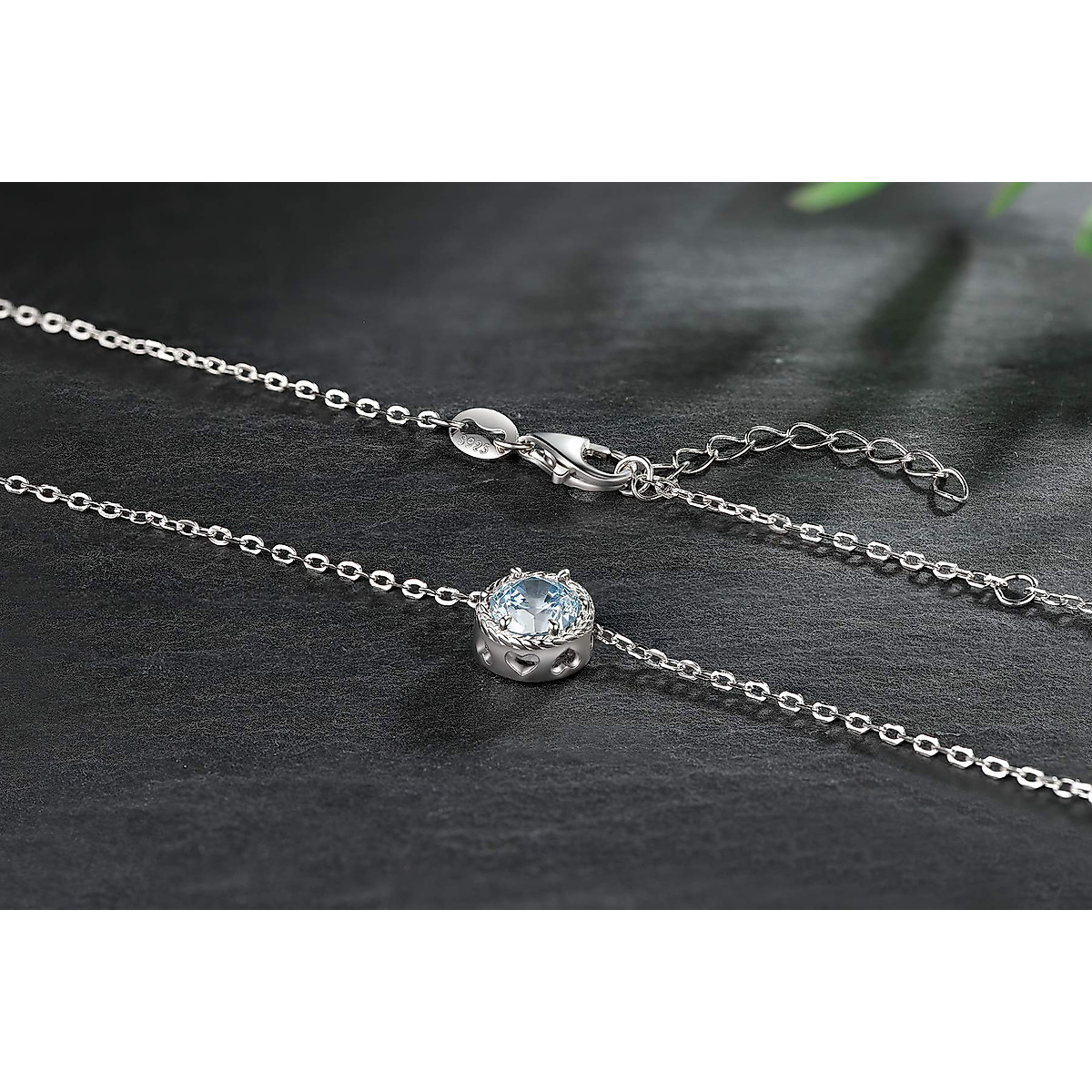 Presentski March Birthstone Necklace White Gold for Mom Women Sterling Silver CZ Blue Pendant Necklaces