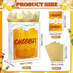 Gold Cheers Gift Bag Beer Mug Gift Wrap Bag with Greeting Card Tissue Paper for Men Women Birthday Christmas New Year Engagement Wedding Father's Day Retirement Graduations Promotions New Jobs
