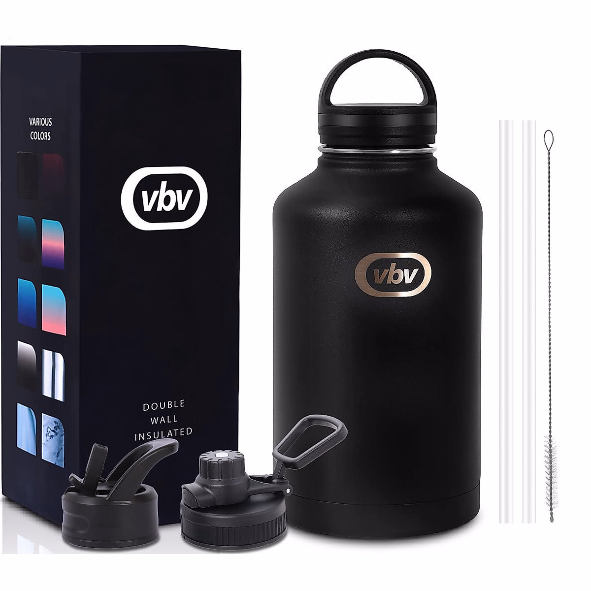 vbv Insulated Water Bottle - 64 Oz, 3 Lids (Straw Lid), Half Gallon Large Metal Stainless Steel Water Jug, Big Double Wall Vacuum Flask, Leakproof Keep Cold & Hot for Sports and Travel