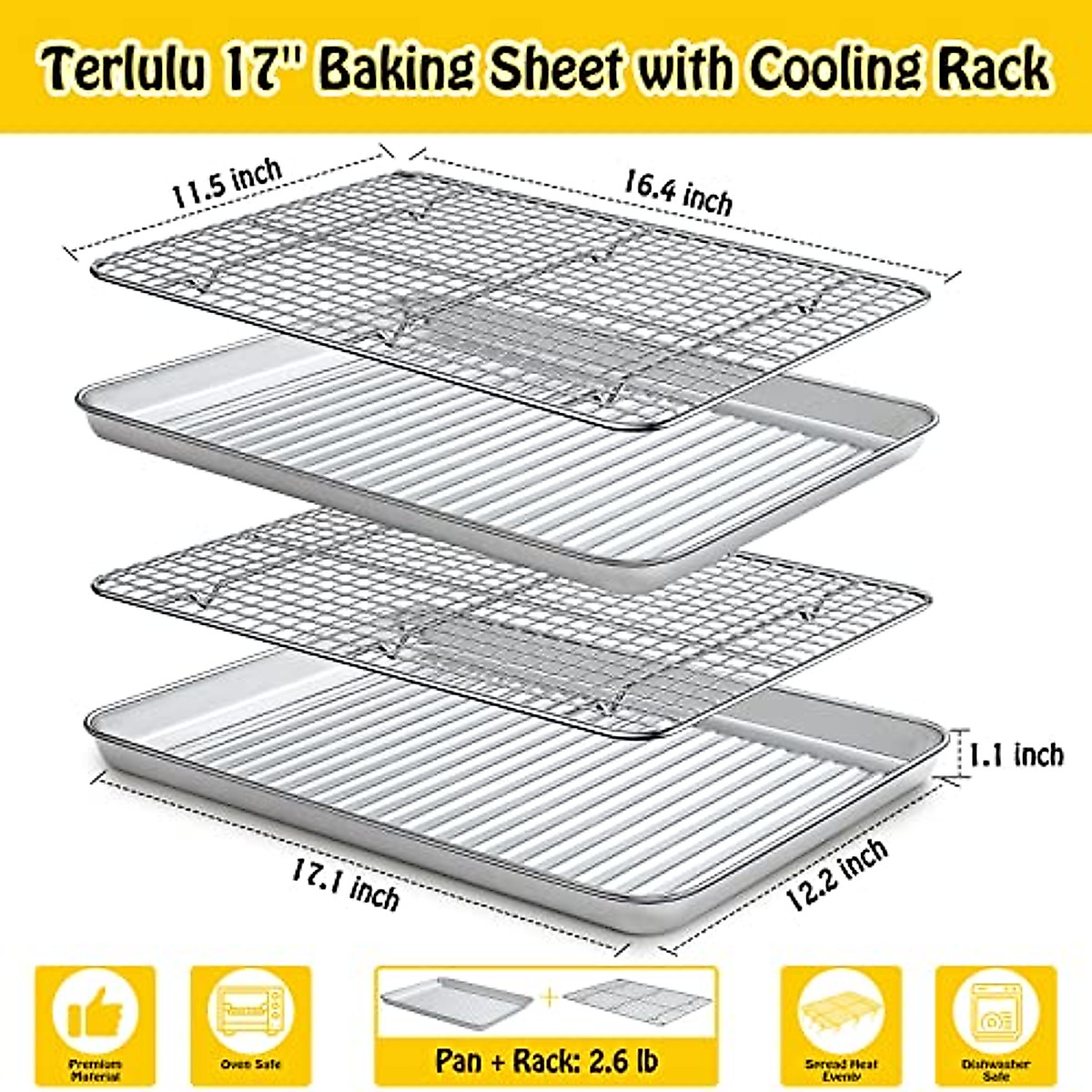 Baking Sheet with Cooling Rack Set(2 Pans+2 Racks) 17'', Terlulu Stainless Steel Baking Pan with Wire Rack, Heavy Duty Half Sheet Pan&Bacon Rack for Oven Cooking, Cookie Sheet, 17.1 x 12.2 x 1.1 Inch