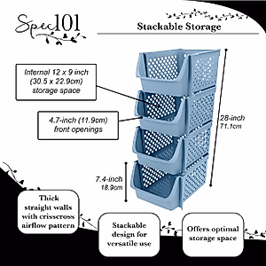Spec101 Plastic Stackable Storage Bins - 4pc Blue Closet Organizer Bins 28in Tall Big Plastic Boxes for Home and Kitchen