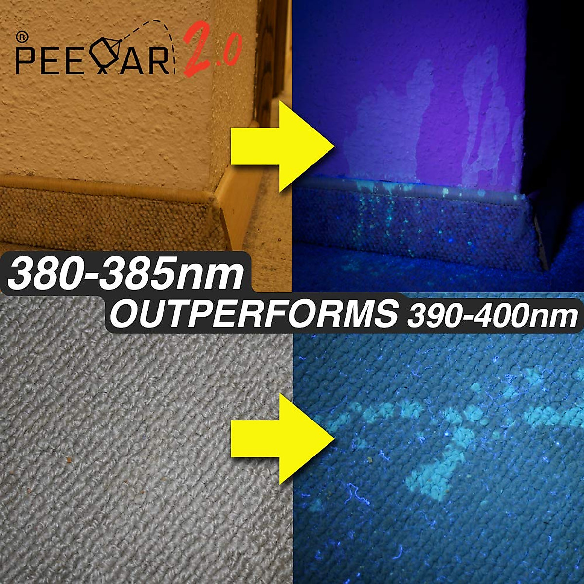 PeeDar 2.0 UV Pet Urine Detector Black Light Flashlight + Cat & Dog Behaviorist Book + 3 AAAs. Ultra Bright Optimal 380-385NM LEDs Find Invisible Stains Instantly! Rid Cat, Dog Pee Issues Forever.