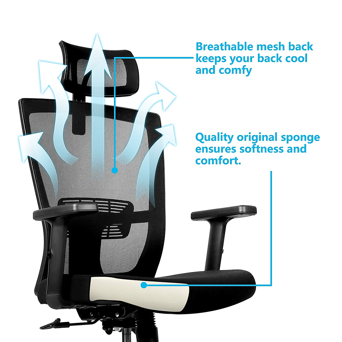 Becko Ergonomic Adjustable Office Chair with Roller Blade Wheels for Home and Office - with Breathable Mesh Backrest, Thick Comfy Cushion, Back Support, Retractable headrest & Armrests (Black)