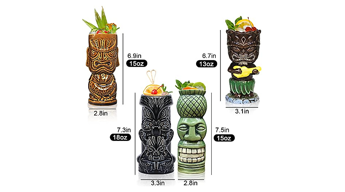 Tiki Glasses for Cocktails - Set of 4 Ceramic Tiki Mugs for Parties