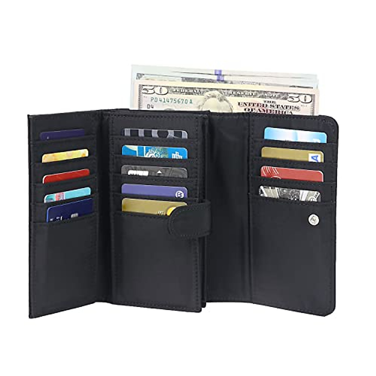 Fanna Small Compact Wallet for Women, Large Capacity Multi Card Clutch Organizer with Zipper Pocket (Black)