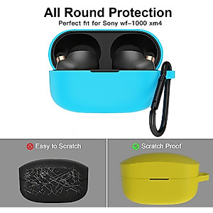 Kanya Case Compatible with Sony WF-1000XM4,2 Packs Full Protective Shockproof Anti-Slip Silicone Case Cover with Carabiner and Silicone Hand Strap for Sony WF-1000XM4 (Sky Blue+Yellow)