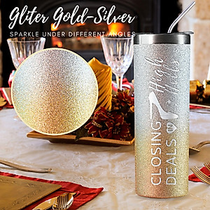 Onebttl Realtor Gifts for Women, Clossing Deals In High Heels, Funny Gifts for Real Estate Agent, Salesman, Boss, Coworkers, Employees, 20 Oz Stainless Steel Tumbler, Glitter Gold