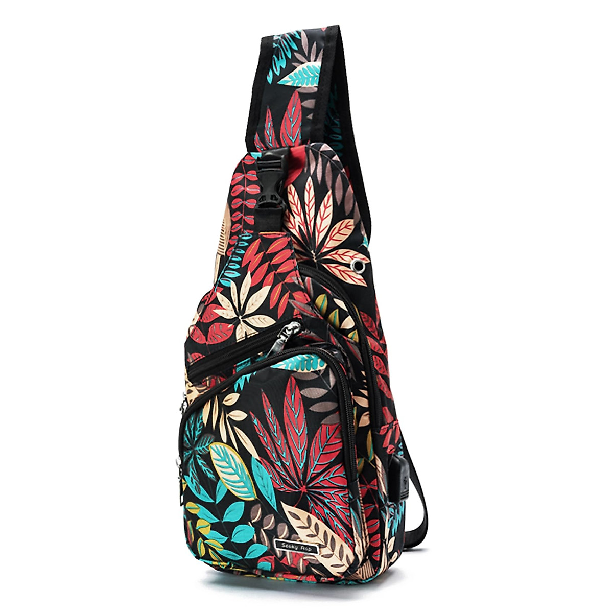 Seoky Rop Men Women Sling Backpack Anti Theft Crossbody Shoulder Chest Bag with USB Charging Port, Leaves