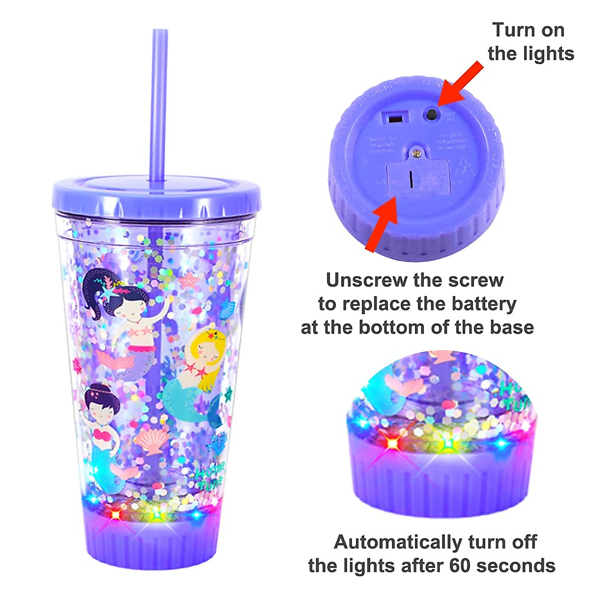 GILANO 18oz Kids Tumbler Water Drinking Bottle with LED Light Up - BPA Free, Straw Lid Cup, Reusable, Lightweight, Spill-Proof Water Bottle with Cute Design for Girls & Boys (Mermaid)