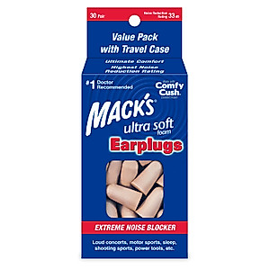 Mack's Ultra Soft Foam Earplugs, 30 Pair - 33dB Highest NRR, Comfortable Ear Plugs for Sleeping, Snoring, Travel, Concerts, Studying, Loud Noise, Work | Made in USA