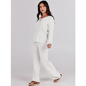 ANRABESS Women 2 Piece Outfits Sweater Lounge Sets Long Sleeve Cable Knit Pullover and Wide Leg Pants Tracksuit Matching Set White Large