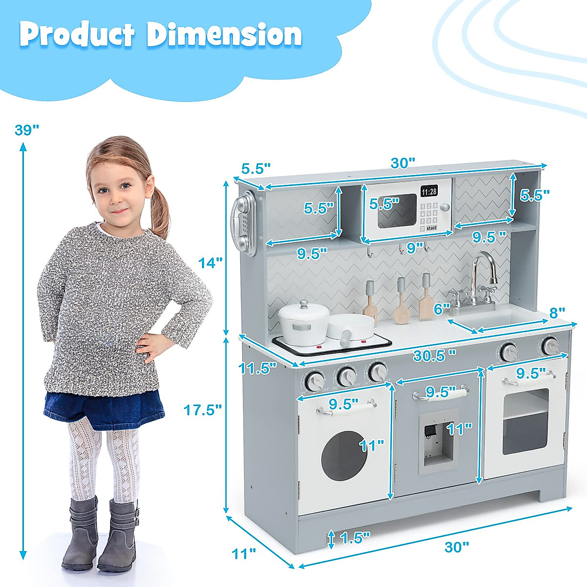 OLAKIDS Kids Kitchen Playset, Pretend Cooking Food Set for Toddlers with Real Light and Sound, Stove, Microwave, Sink, Water Dispenser, Large Storage Cabinet, Role Play Chefs Toy Gift for Boys Girls