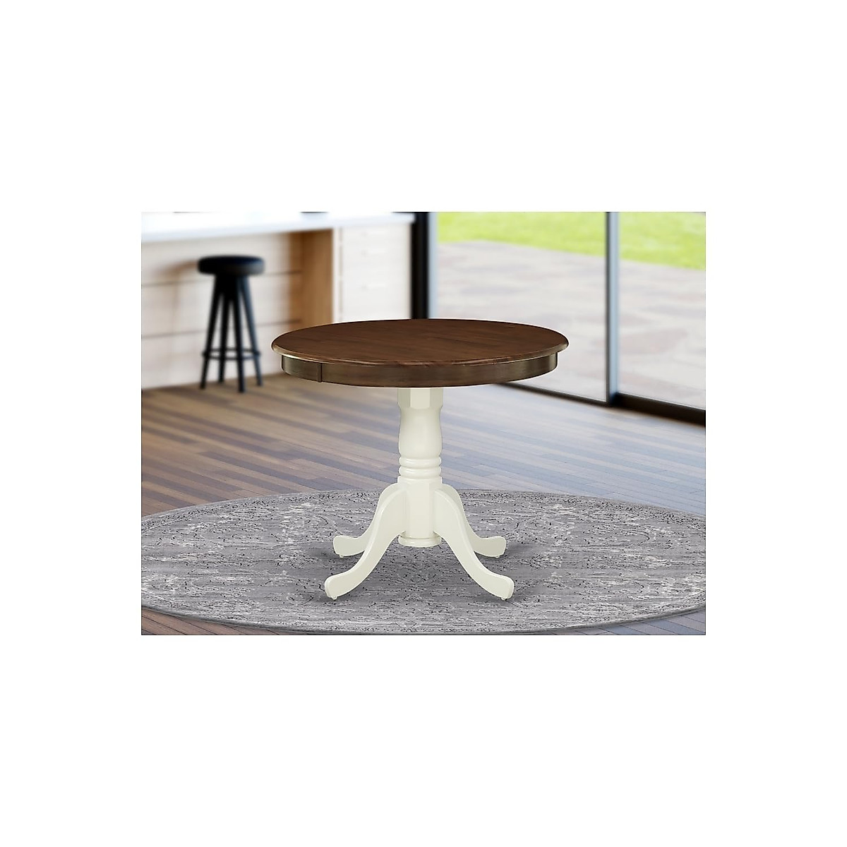 HomeStock Country Cottage Antique Kitchen Dining Table - a Round Wooden Table Top with Pedestal Base, 36x36 Inch, Walnut & Linen White Finisj